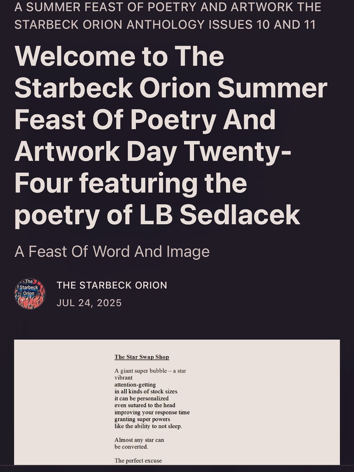New poems published in “The Starbeck Orion” – LB Sedlacek